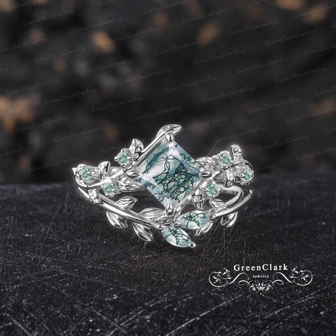 Princess Cut Moss Agate Engagement Ring Set Art Deco Solid 14K White ...