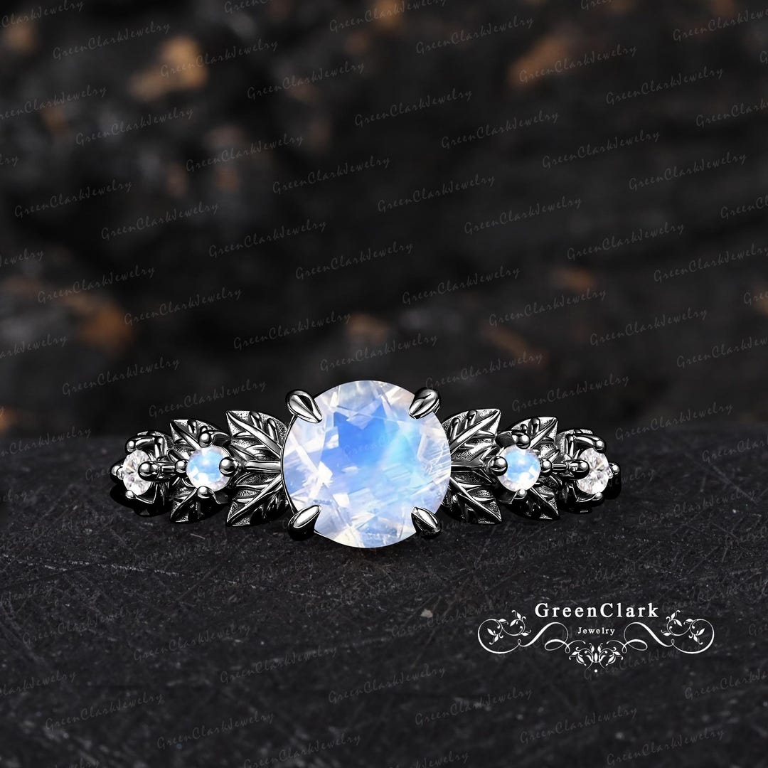 Gothic Moonstone Engagement Ring Art Deco 14K Black Gold Promise Ring ...