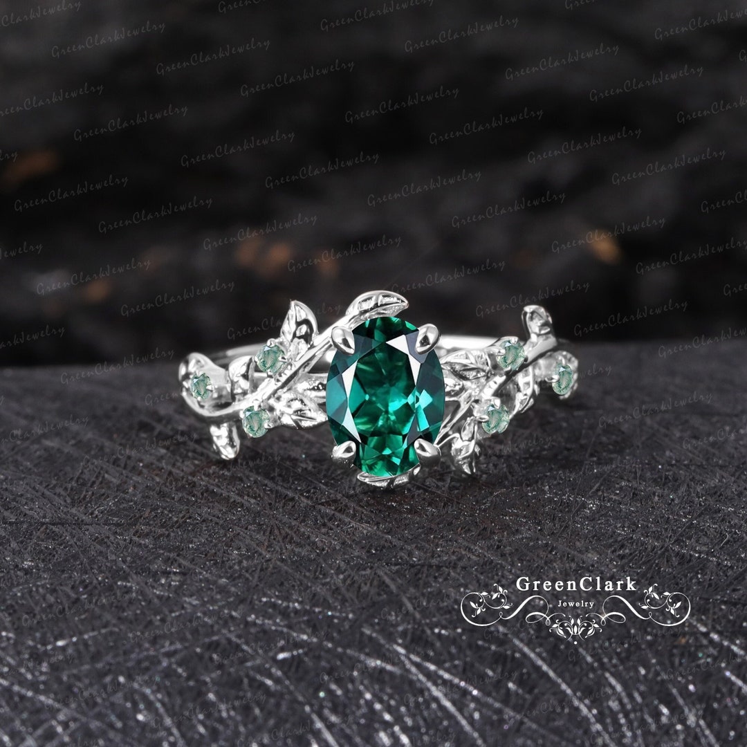 Vintage Emerald Engagement Ring Oval Cut Art Deco Leaf Silver Promise ...