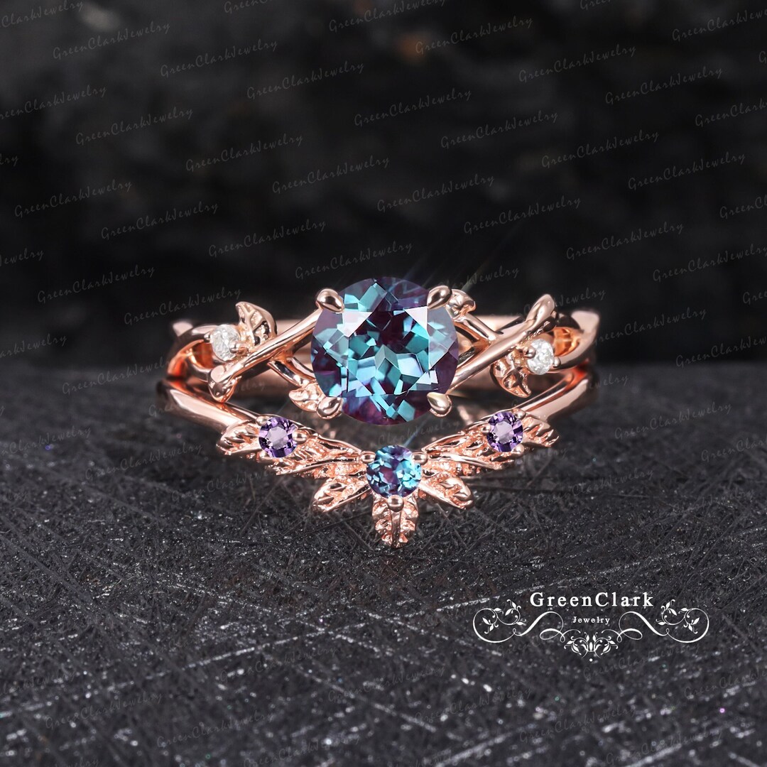 Vintage Alexandrite Engagement Ring Sets Art Deco Leaf Promise Ring ...
