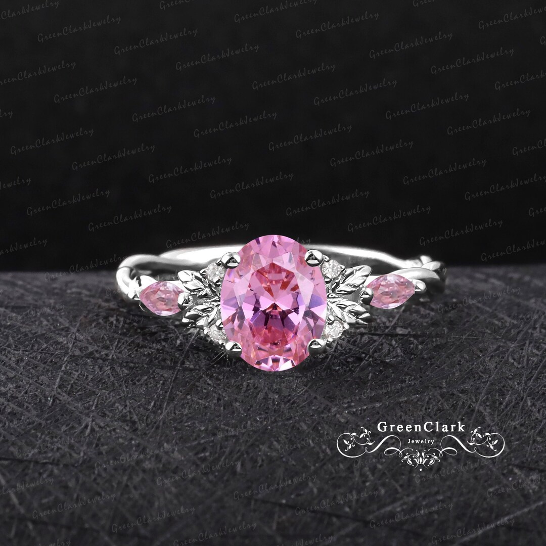 Unique Oval Cut Pink Sapphire Engagement Ring Art Deco Leaf Promise ...