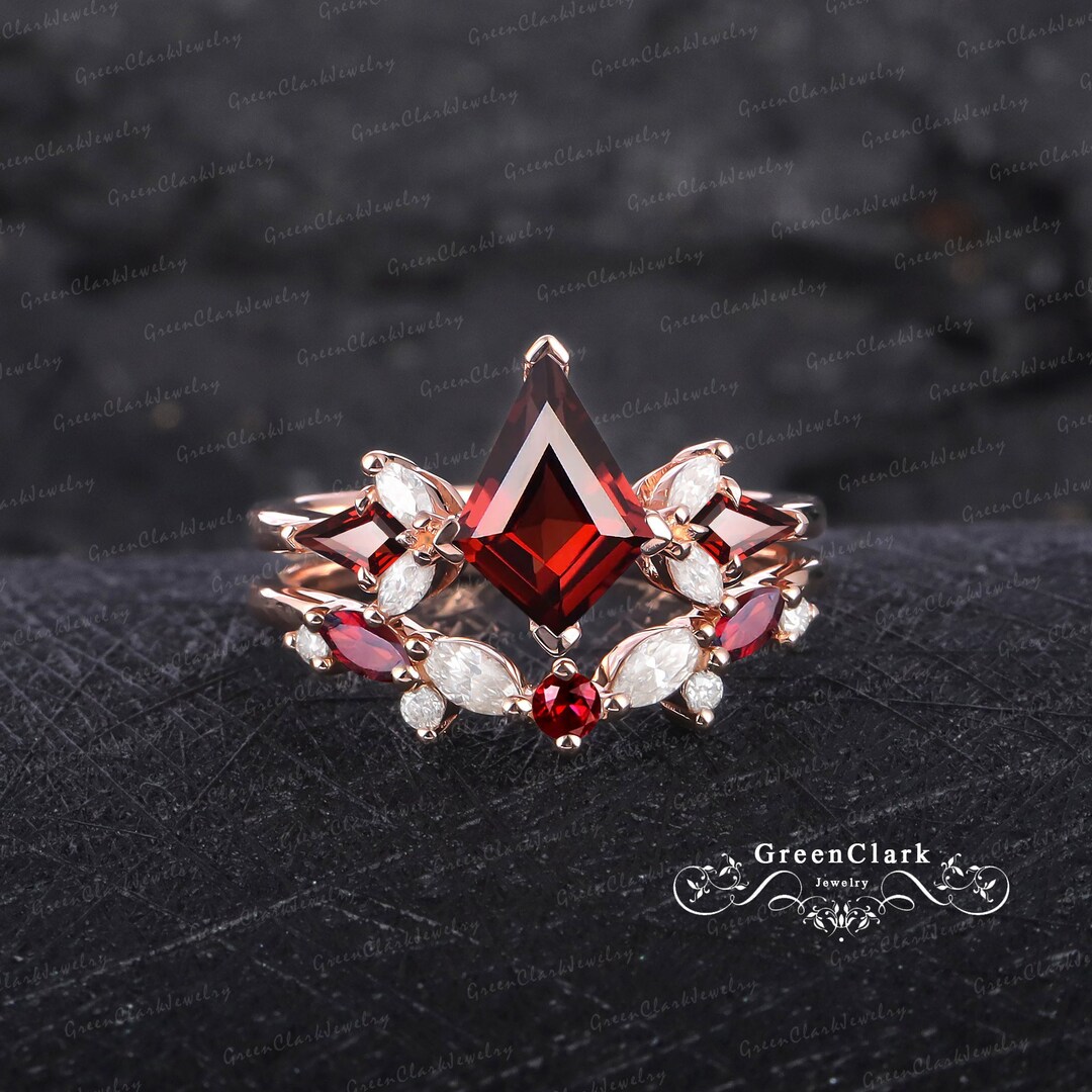 Unique Kite Cut Ruby Engagement Ring Set Art Deco Promise Ring Solid ...