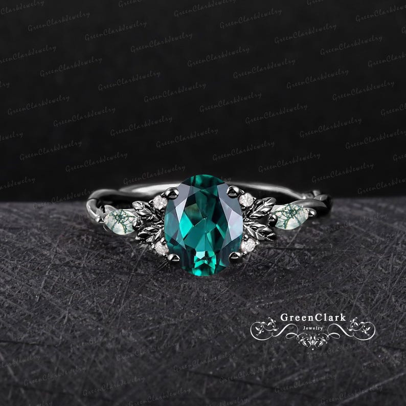 Anillo de compromiso vintage con esmeralda de corte ovalado, anillo de ...