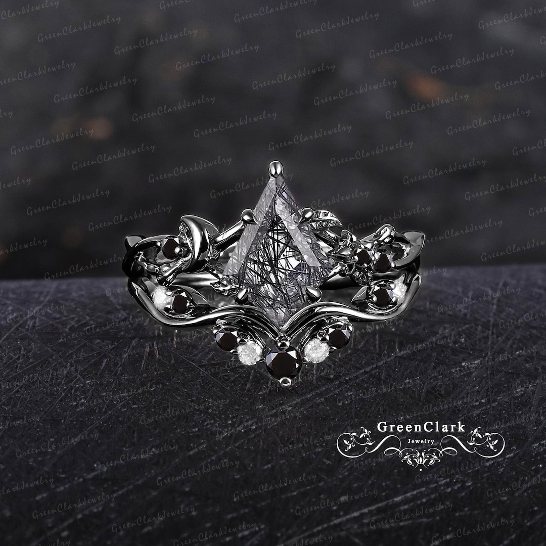 Gothic Kite Black Rutilated Quartz Engagement Ring Set Art Deco Moon ...