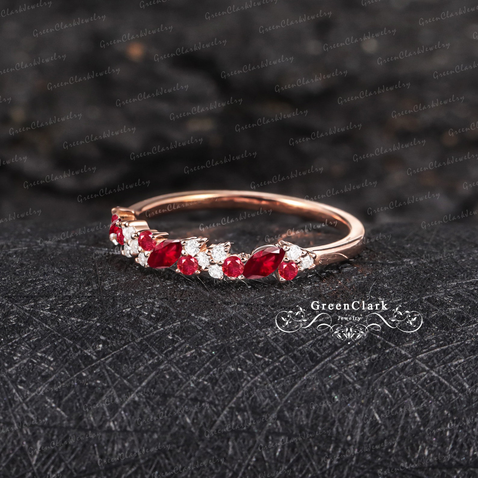 Vintage Red Ruby Wedding Ring Solid 14k Rose Gold Wedding Band Marquise ...