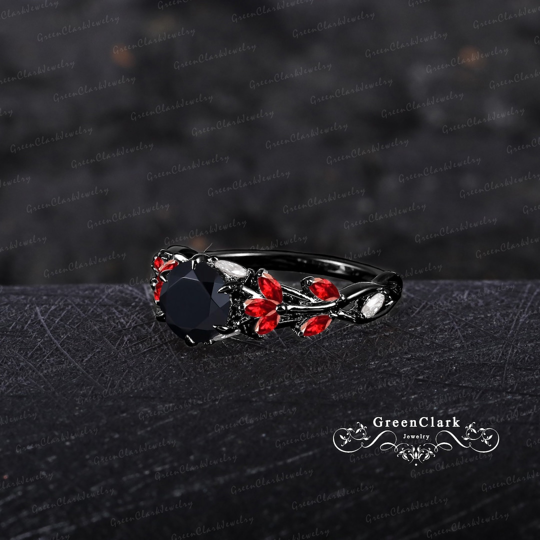 Gothic Black Onyx Engagement Ring Unique Solid 14k Black Gold Leaf Ring ...