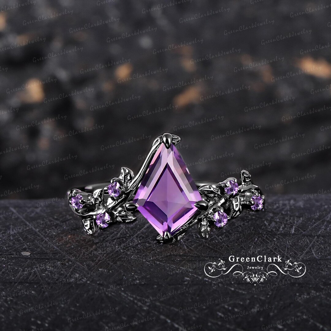 Gothic Kite Cut Amethyst Engagement Ring Unique Black Gold Leaf Ring ...