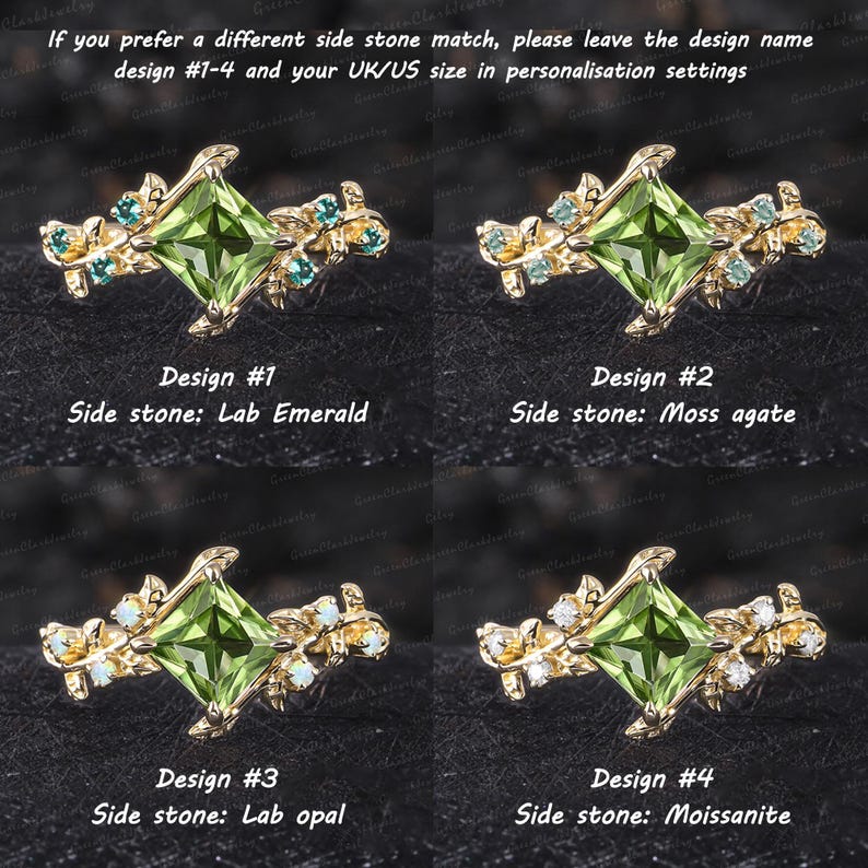 Princess Cut Peridot Engagement Ring Set Art Deco Solid 14K Gold Leaf ...