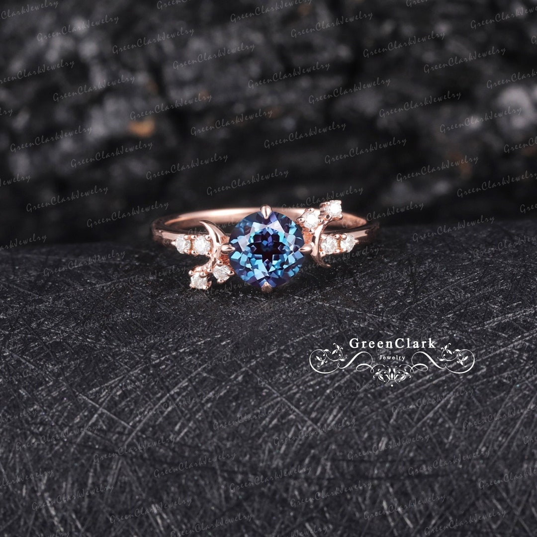 Alexandrite Engagement Ring Art Deco Round Cut Gemstone Ring Vintage ...