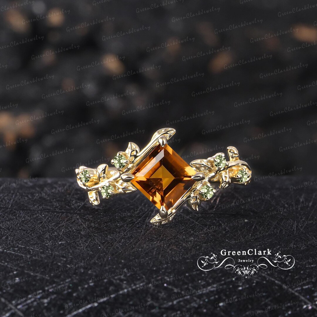 Unique Princess Cut Citrine Engagement Ring Art Deco Solid 14K Gold ...