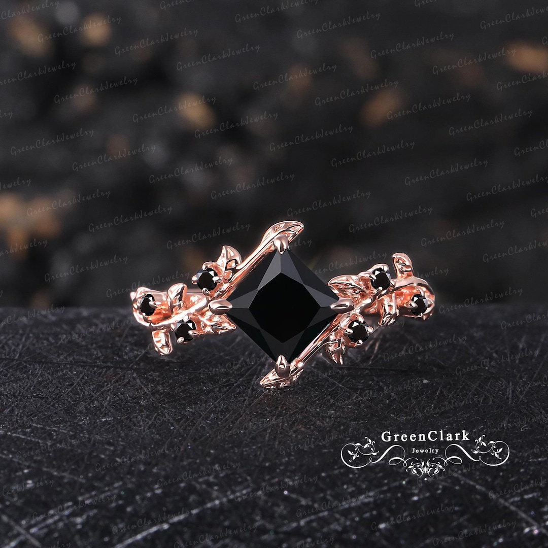 Princess Cut Black Onyx Engagement Ring Art Deco Solid 14K Rose Gold ...