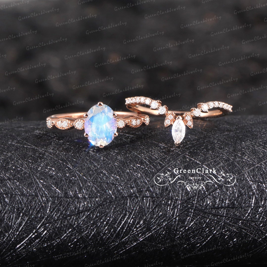 Moonstone Engagement Ring Sets Art Deco Oval Cut Gemstone Ring Vintage ...