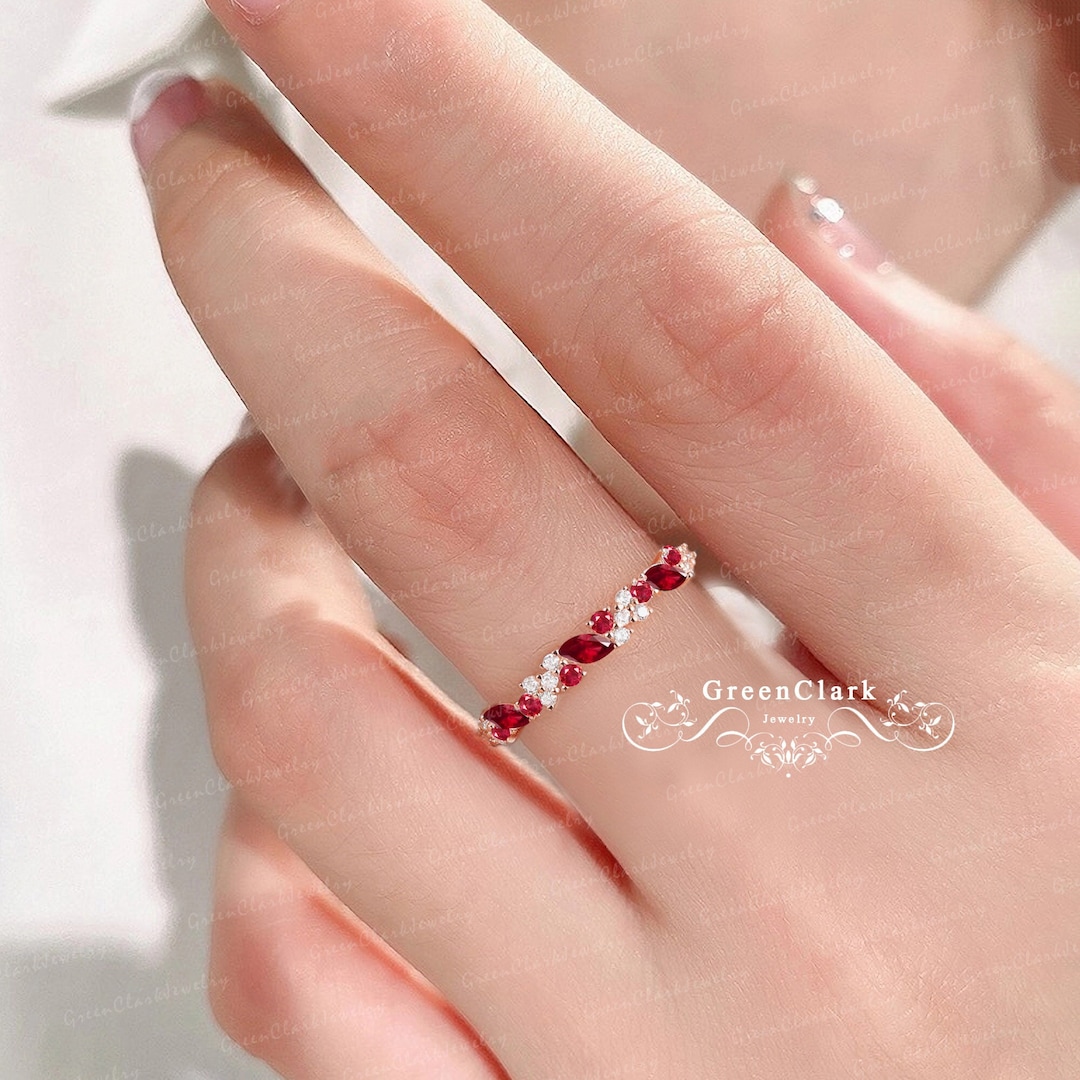 Vintage Red Ruby Wedding Ring Solid 14k Rose Gold Wedding Band Marquise July Birthstone Band ...