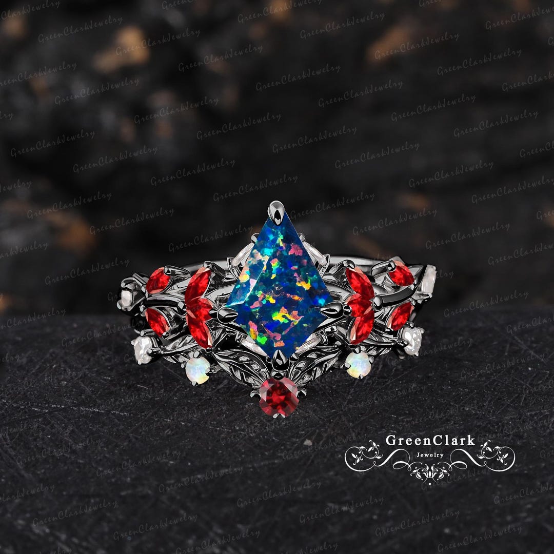 Gothic Kite Black Opal Engagement Ring Set Art Deco Black Gold Fire ...