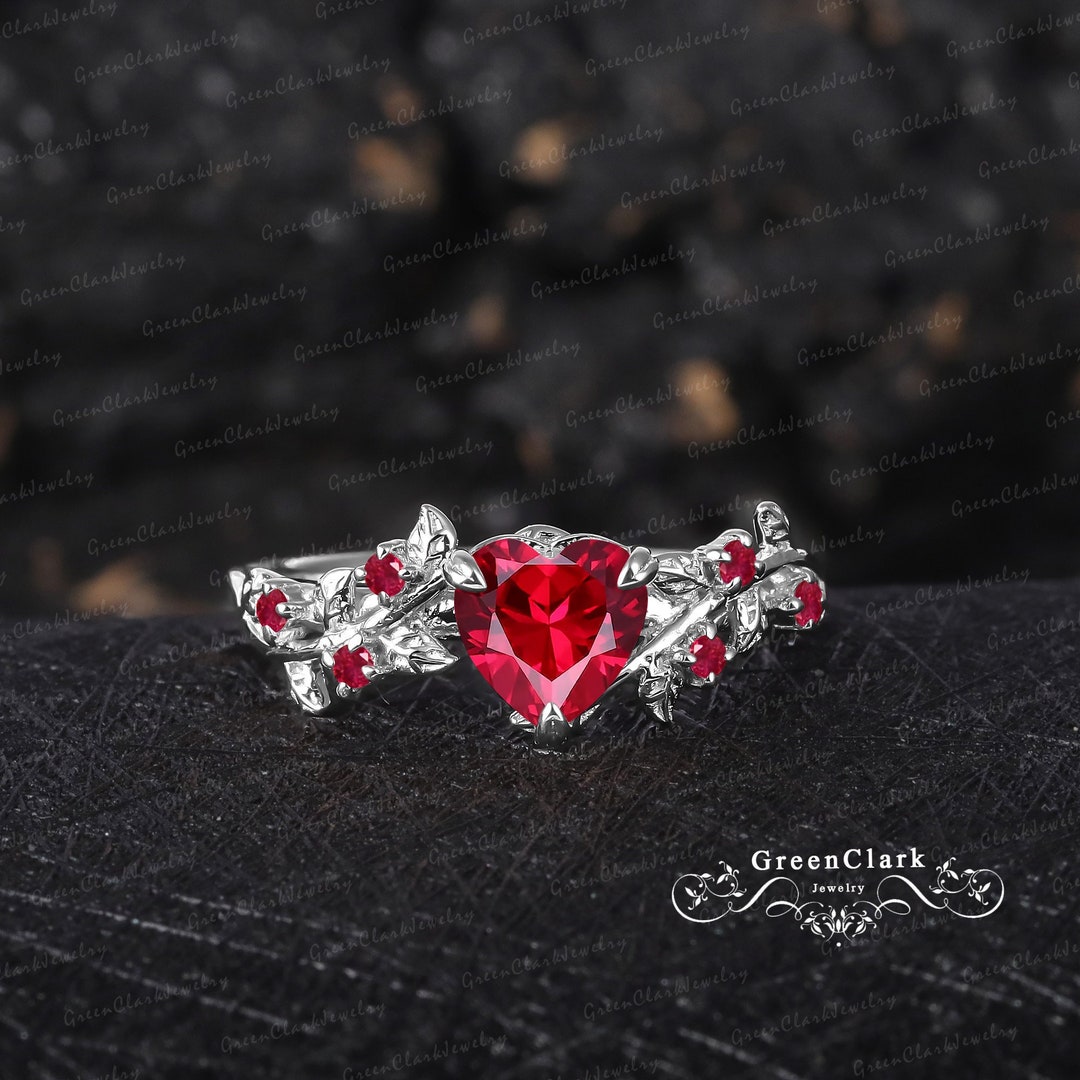 Unique Heart Cut Red Ruby Engagement Ring Art Deco Solid 14k White Gold ...