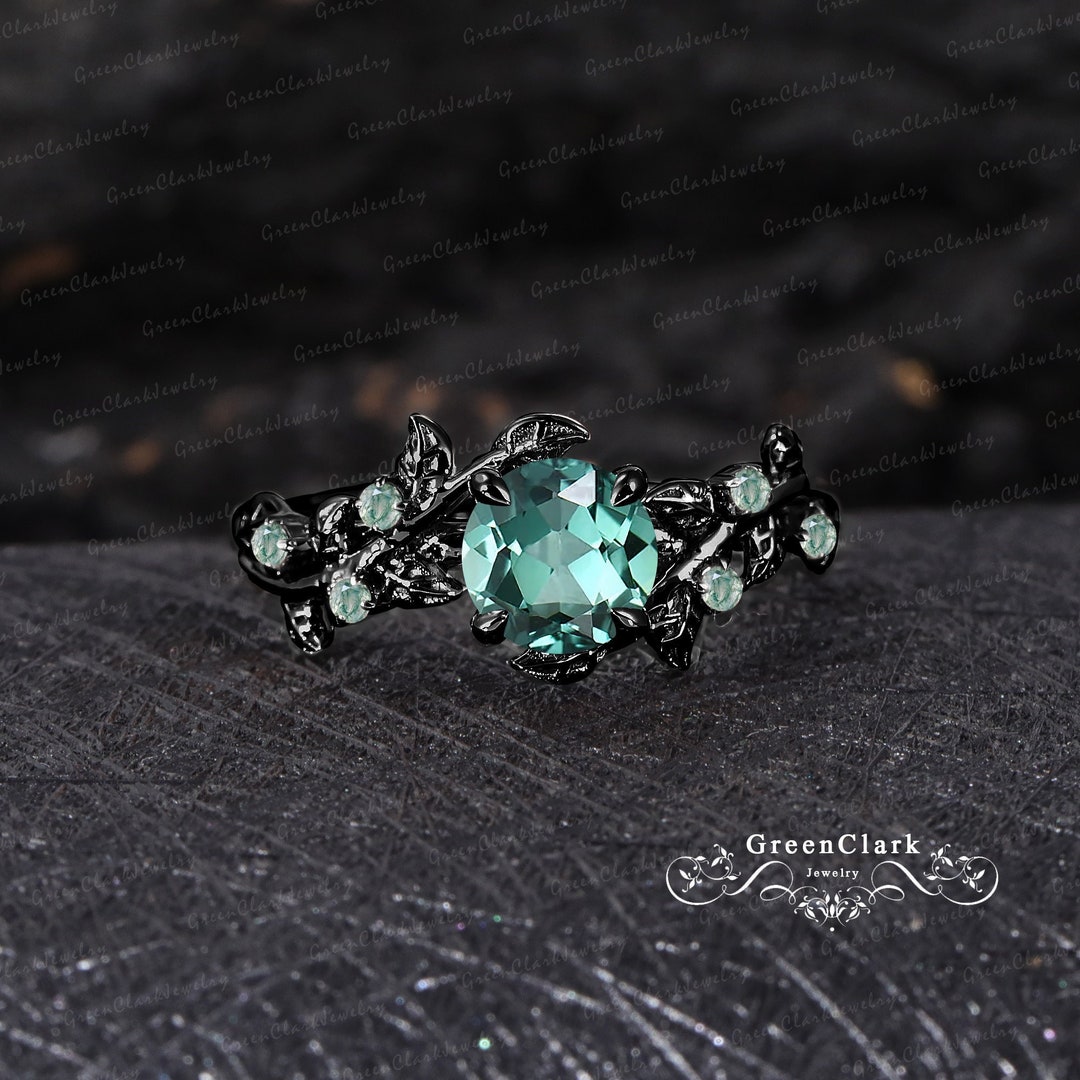 Gothic Green Sapphire Engagement Ring Unique Solid 14k Black Gold Leaf ...