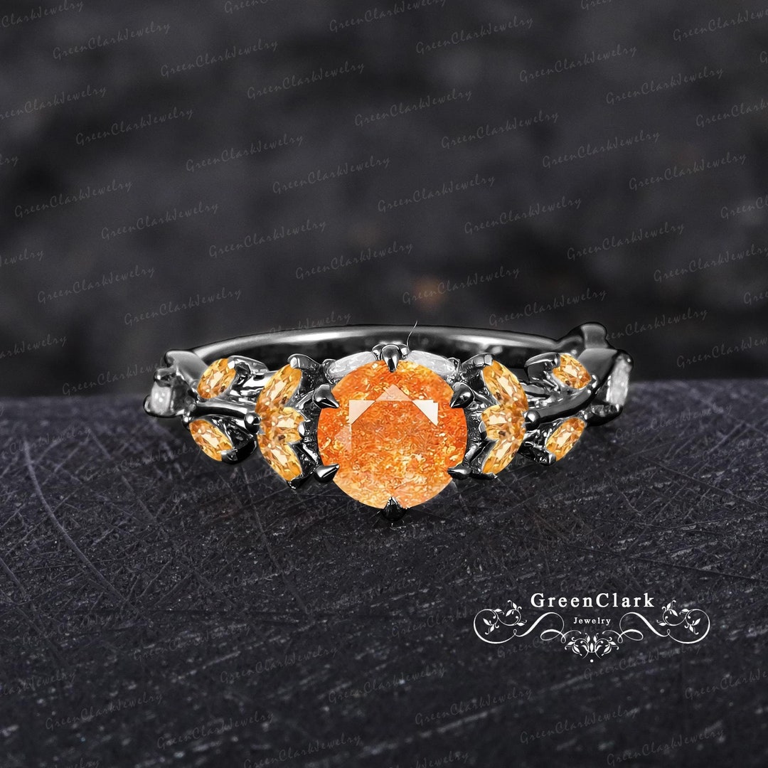 Gothic Orange Sunstone Engagement Ring Art Deco 14K Black Gold Promise ...