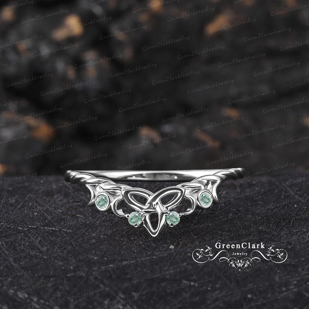 Nature Inspired Moss Agate Moon Wedding Ring Art Deco Solid White Gold ...