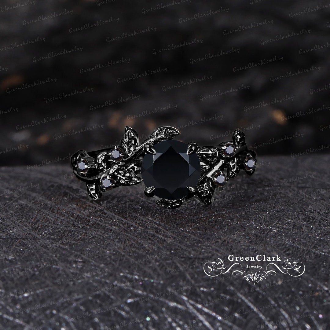 Gothic Black Onyx Engagement Ring Unique Solid 14k Black Gold Leaf Ring ...