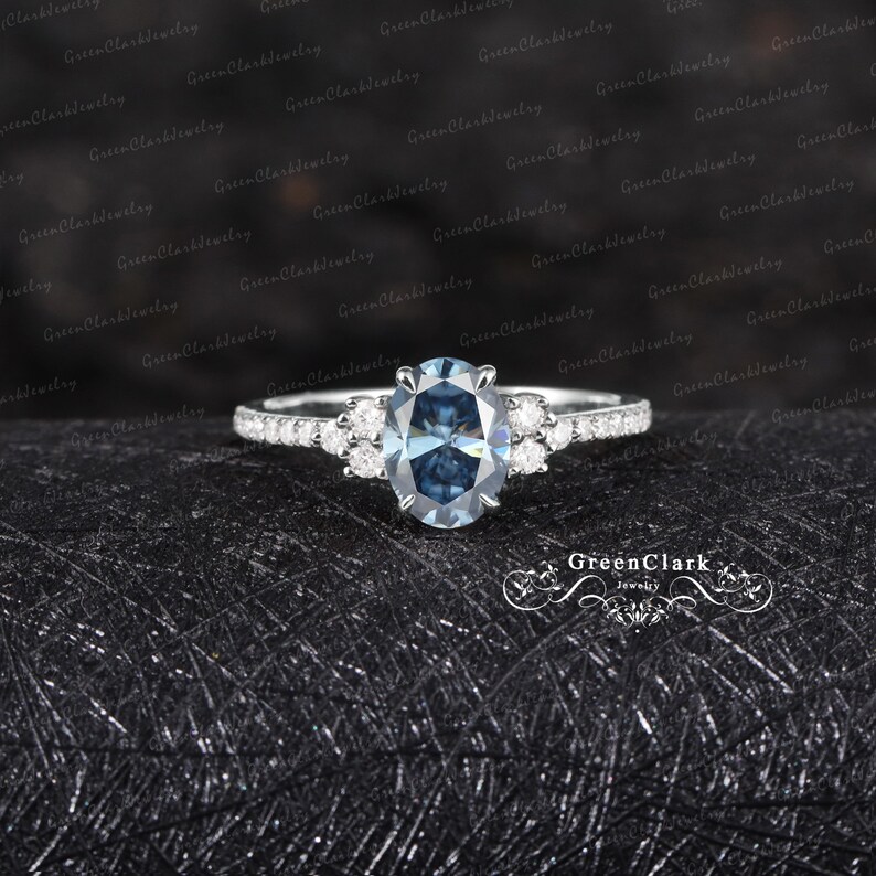 Blue Grey Moissanite Engagement Ring Art Deco Oval Cut Promise Ring 14k ...
