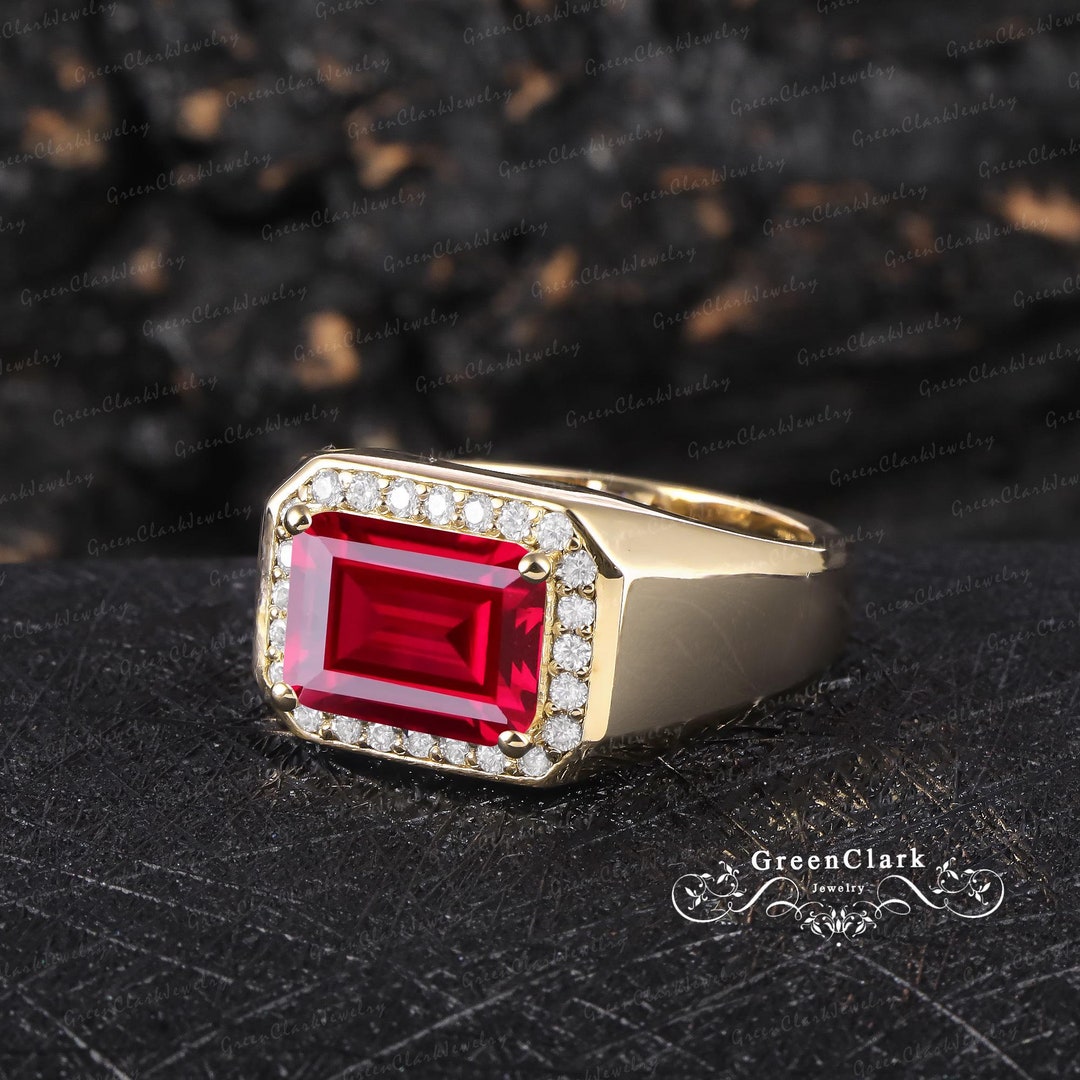 Emerald Cut Red Ruby Mens Wedding Ring Art Deco Mens Wedding Band