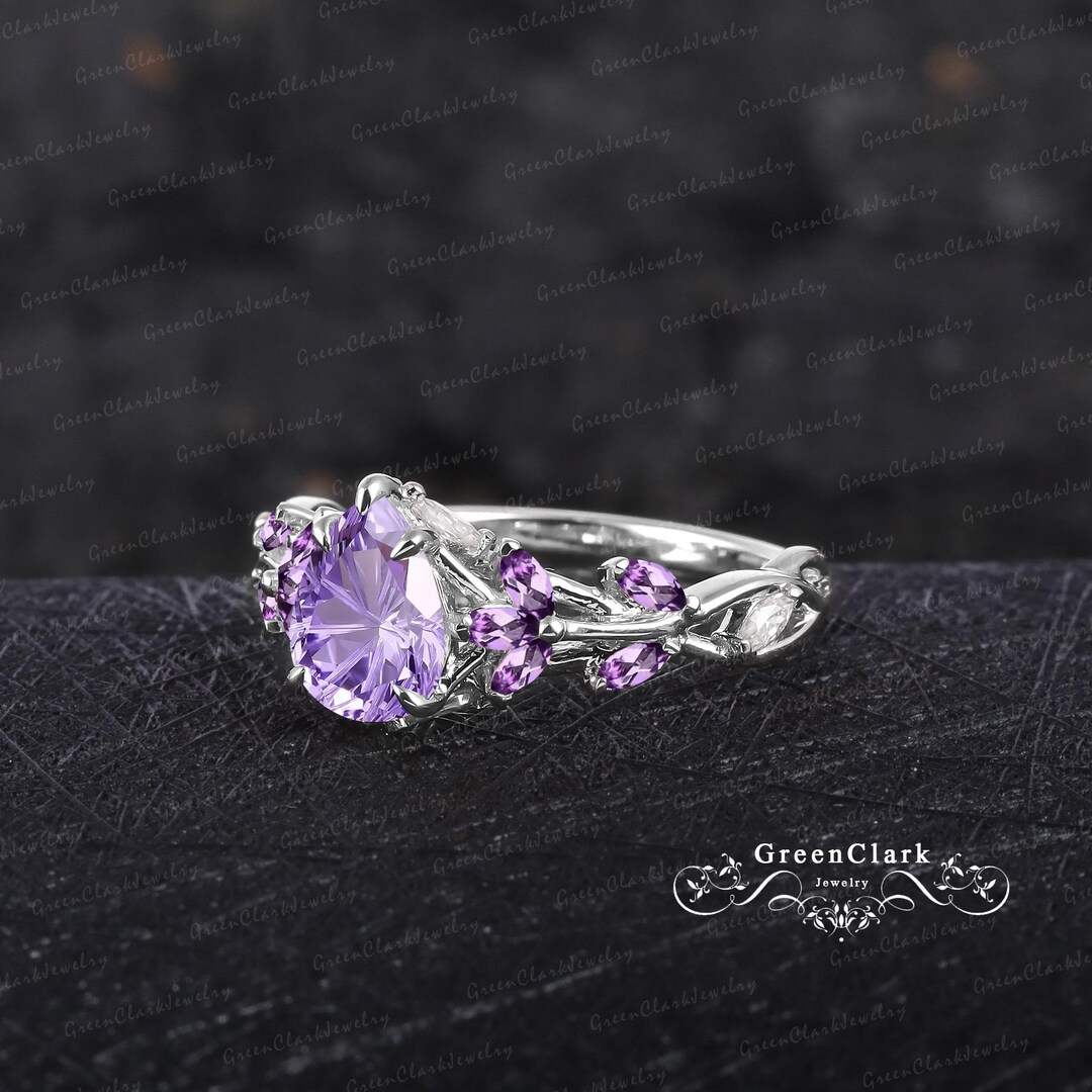 Firework Cut Pear Shaped Amethyst Engagement Ring Art Deco Leaf Promise ...