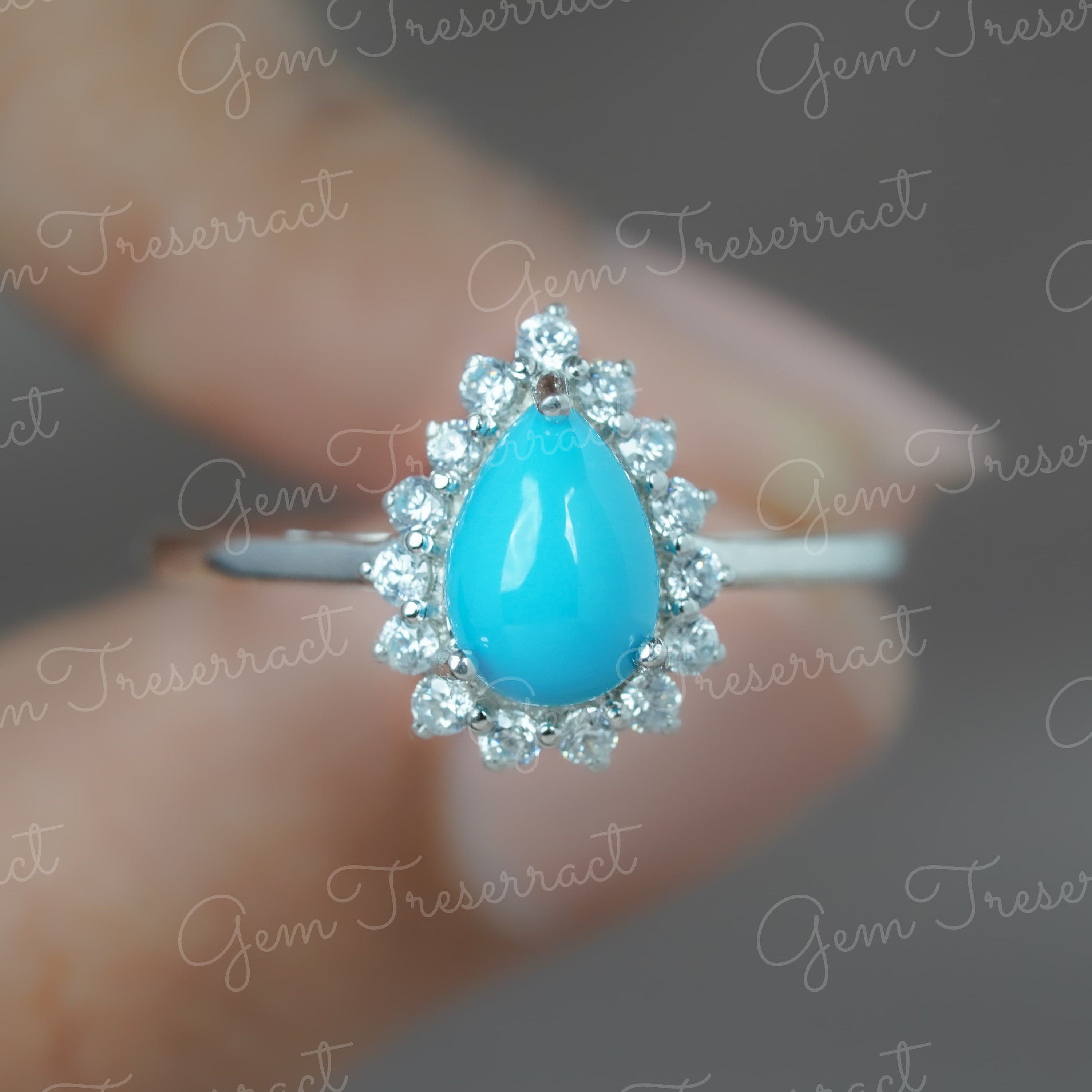 Natural Arizona Turquoise Ring , Pear Shape Halo Turquoise Engagement ...