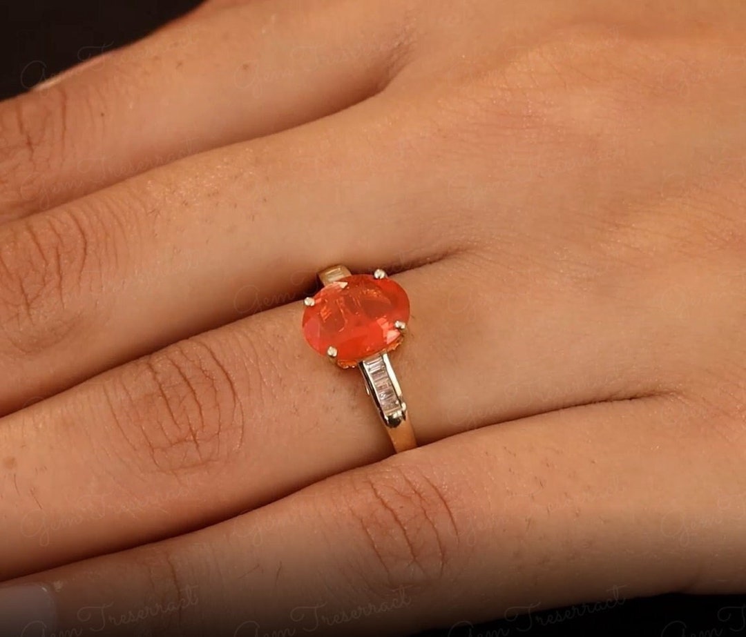 Natural Mexican Fire Opal Engagement Ring- Oval Cut Fire Opal Ring ...