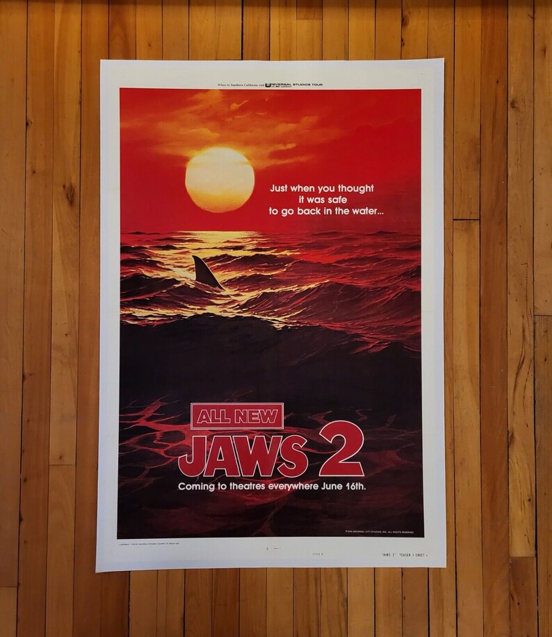 JAWS 2, Original Movie Poster 1978 style B Red Ocean 1SH, LINEN BACKED ...