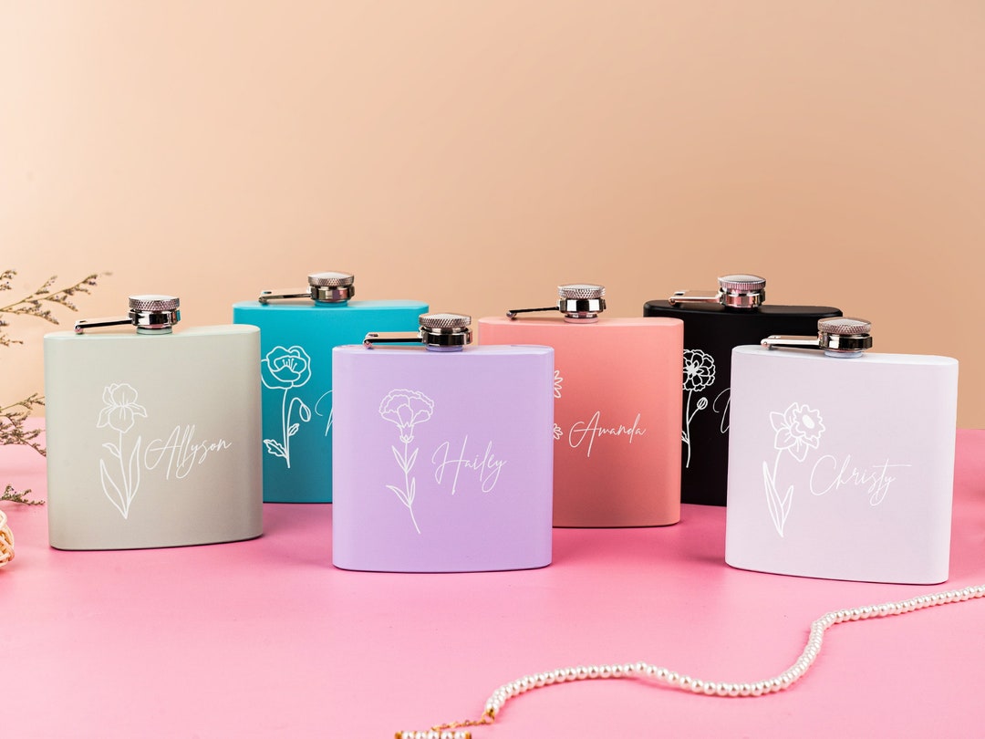 Personalized Bridesmaid Flask, Engraved Birth Flower Flask, Bridesmaid ...