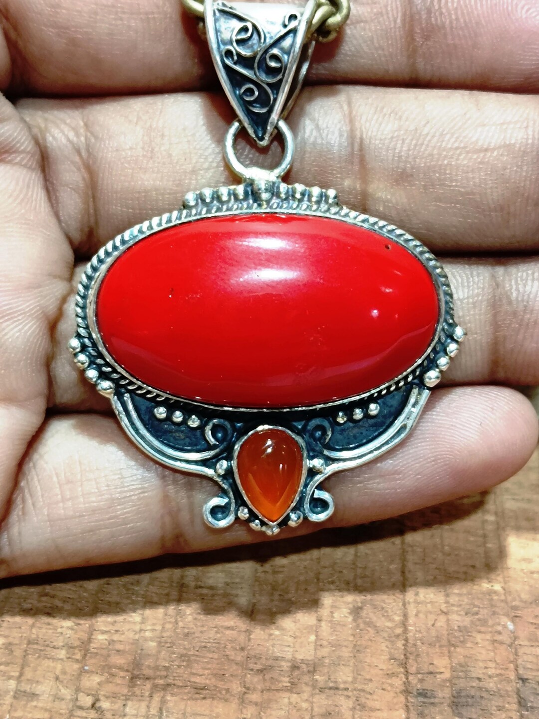Solid 925 Sterling Silver Pendant, Red Coral Silver Pendant, Gemstone ...