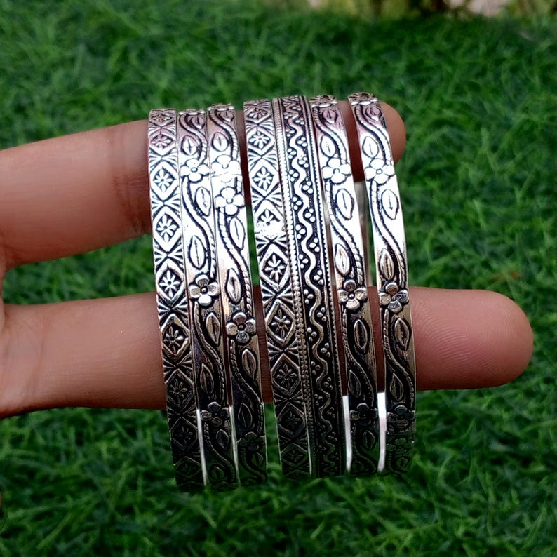 925 Sterling Silver Bangle Set of 7, Oxidized Engraved Stacking Bangles ...