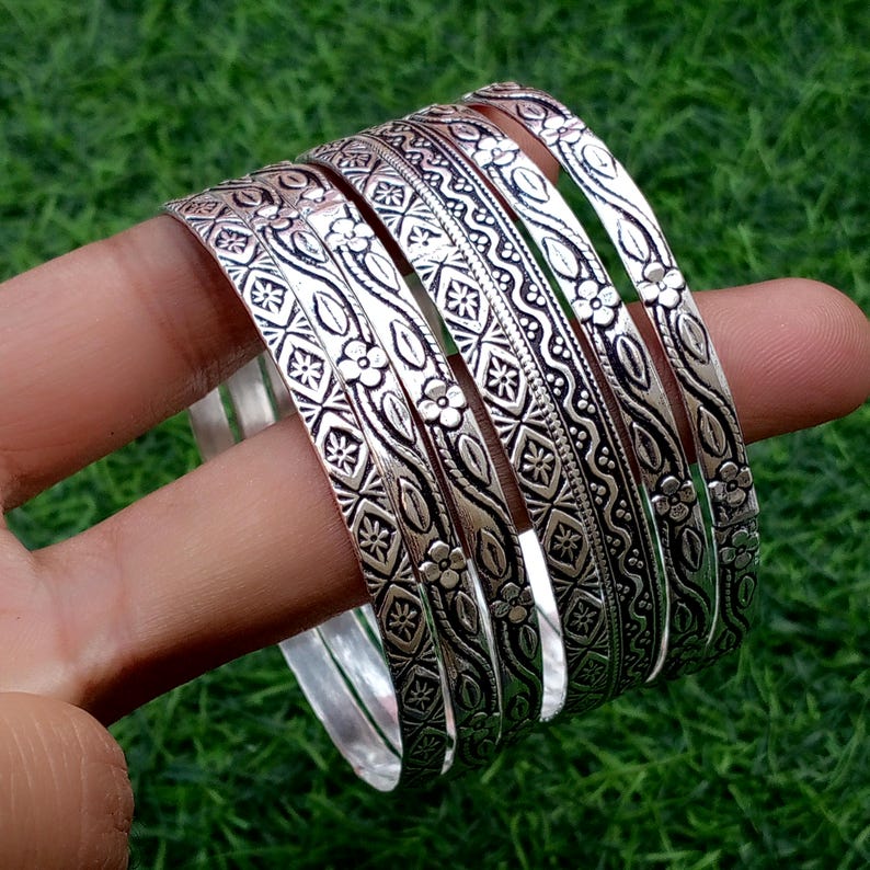 925 Sterling Silver Bangle Set of 7, Oxidized Engraved Stacking Bangles ...