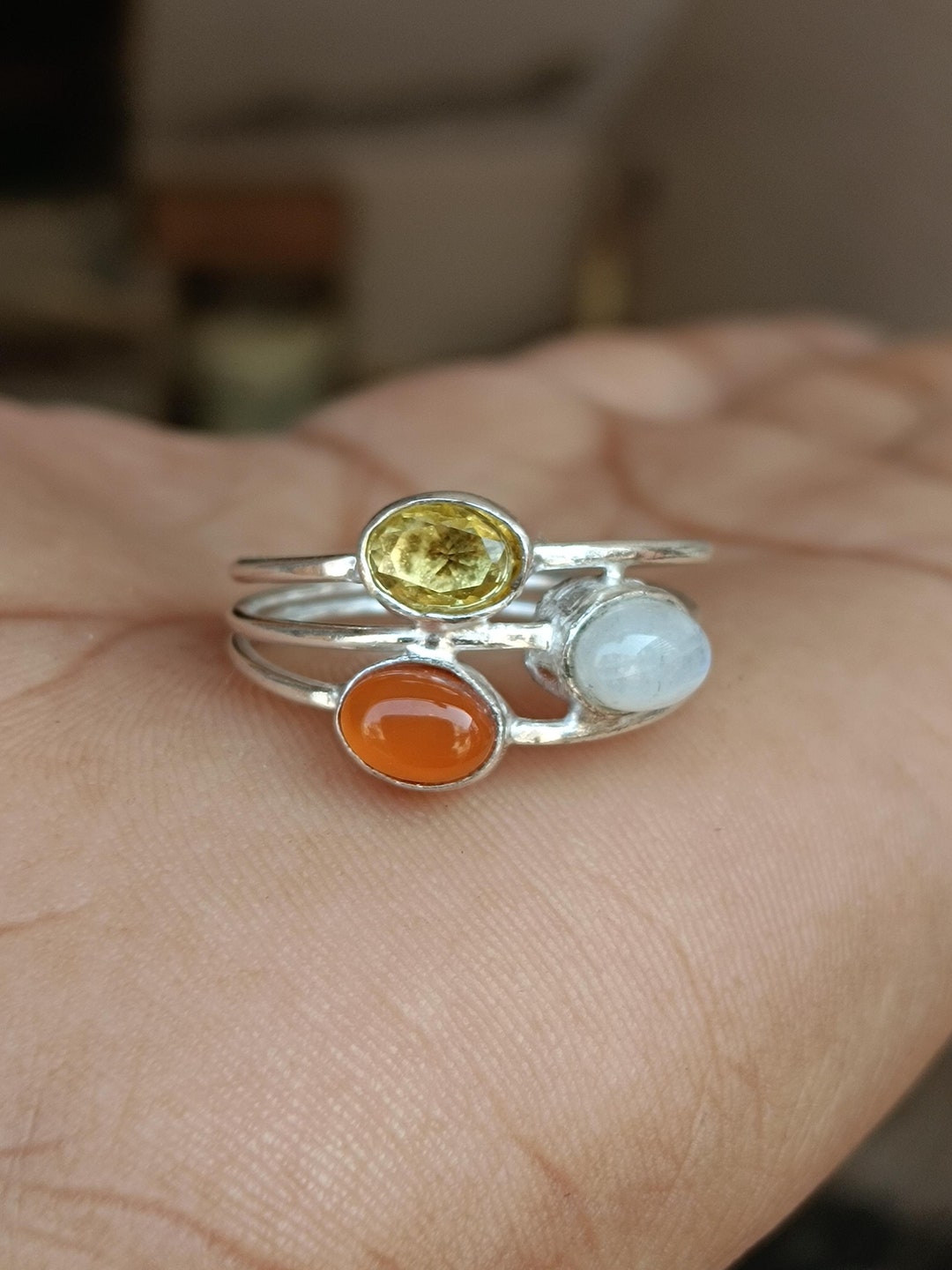 Red Carnelian, Yellow Citrine, Moonstone Ring ·925 Silver Pretty Ring· Three Gemstone Ring ...