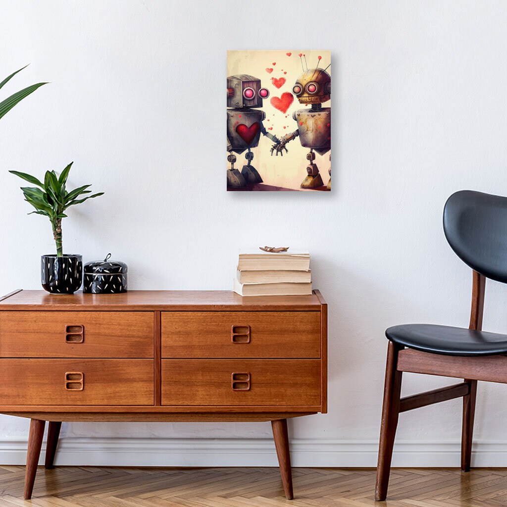 Cute Robot Couple Wall Picture Themed Stretched Canvas Print Wall Art ...