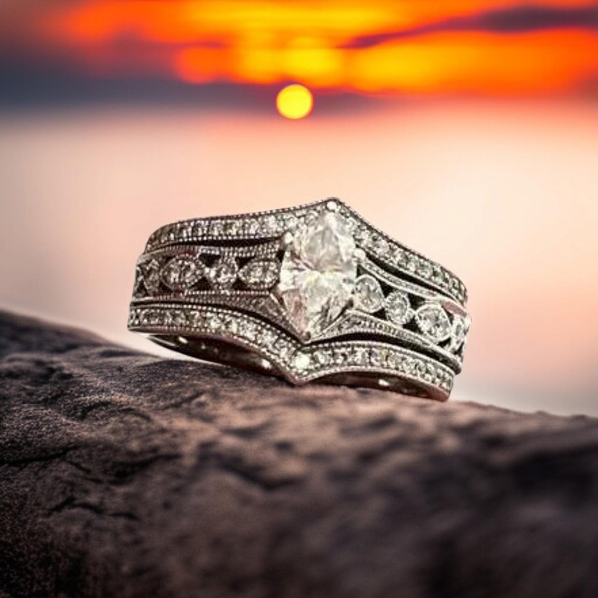 Art Deco Vintage Bridal Ring Set • Milgrain Engagement and Wedding Band ...