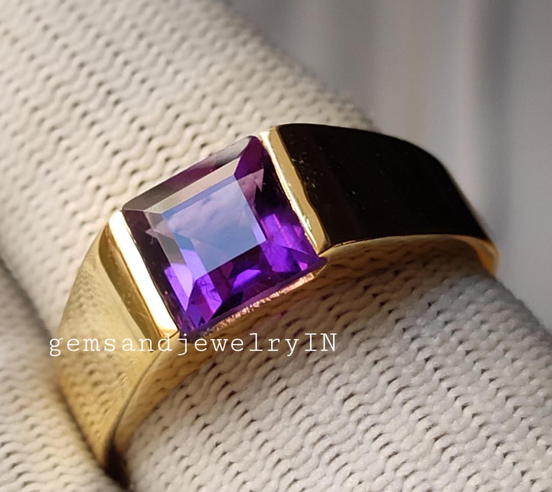 Genuine Amethyst Ring, Men's Ring, Handmade Amethyst Ring, 14k Yellow Gold Ring, Gift for Dad ...