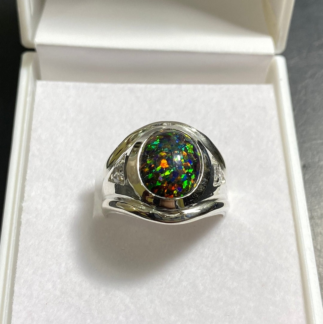 Luxury Opal Men's Ring, Natural Black Opal Men's Ring, 925 Sterling ...