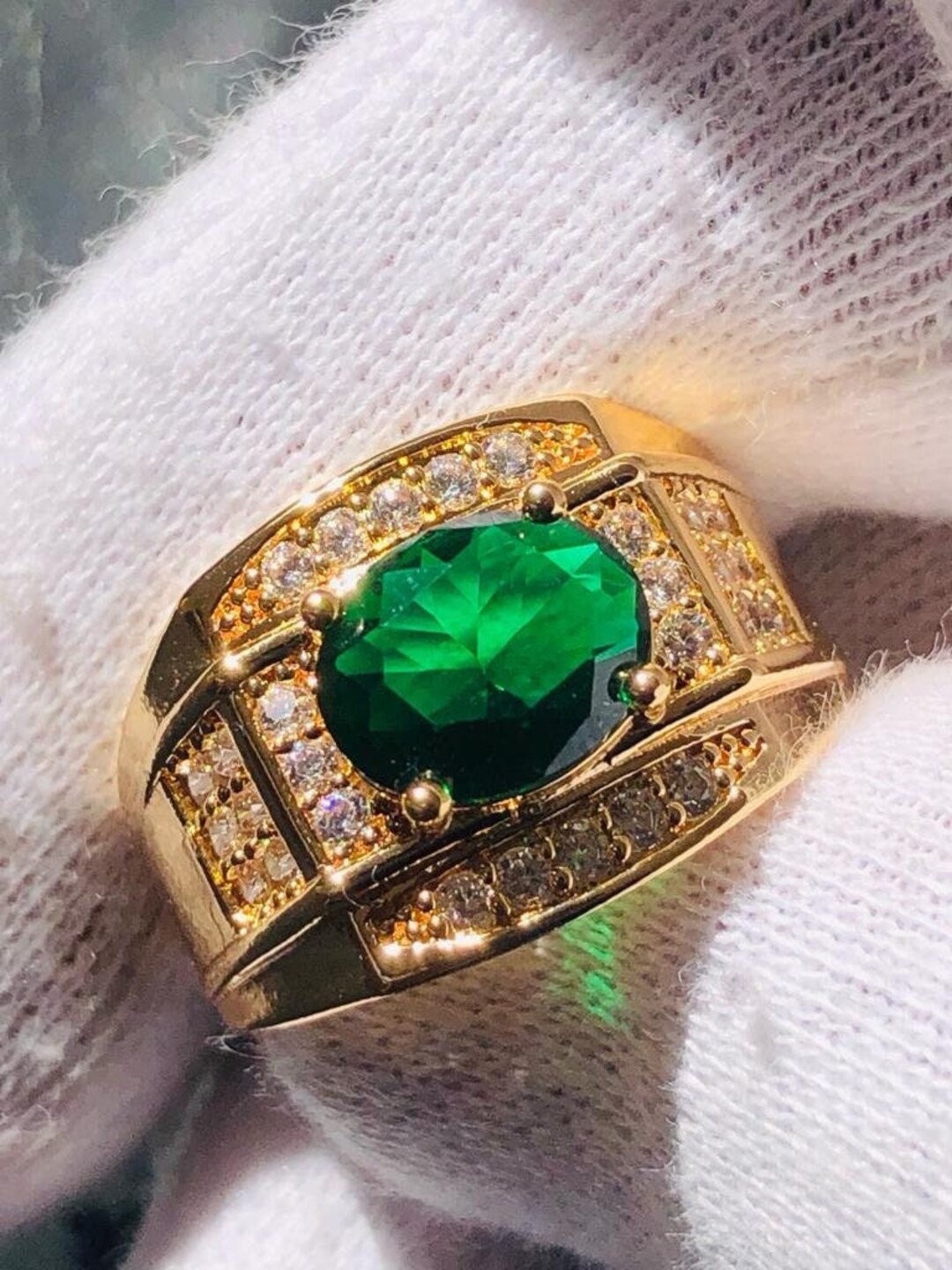 Real 925 STERLING-SILVER Men's Ring Lab-emerald Gemstone Ring Heavy ...