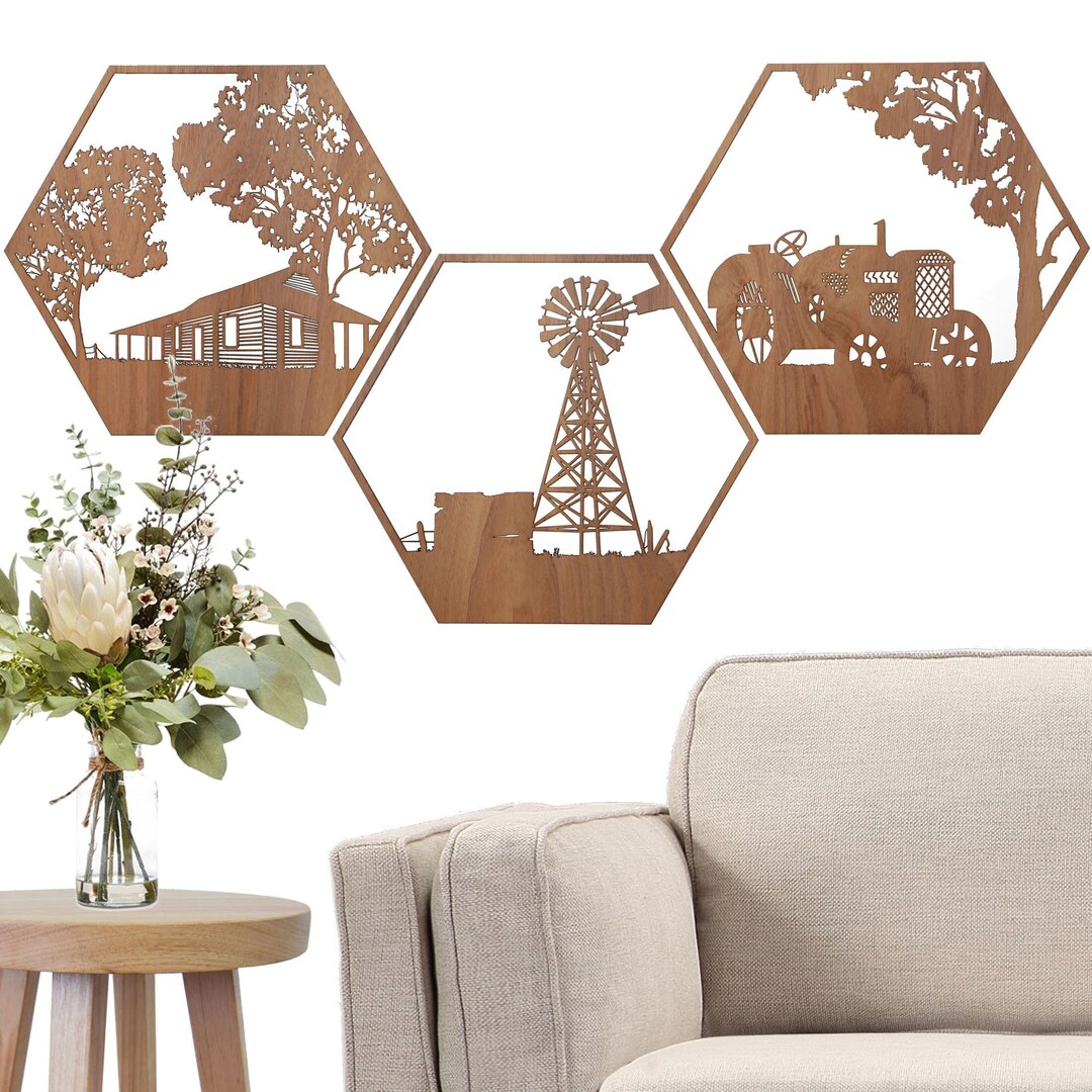 OUTBACK FARMING Collection Australian Hexagon Art Including 3 Pieces ...
