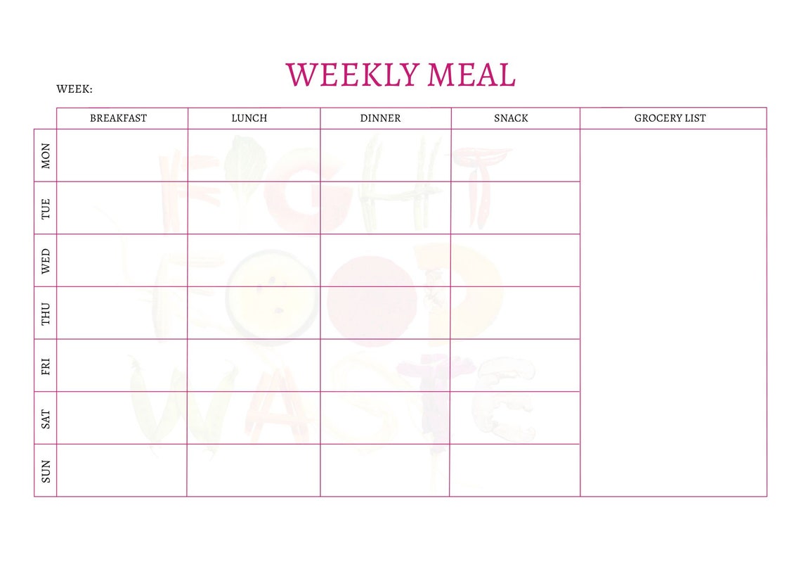 Printable Weekly Meal Planning Callendar, 7 Day Menu Planner, Meal Prep ...