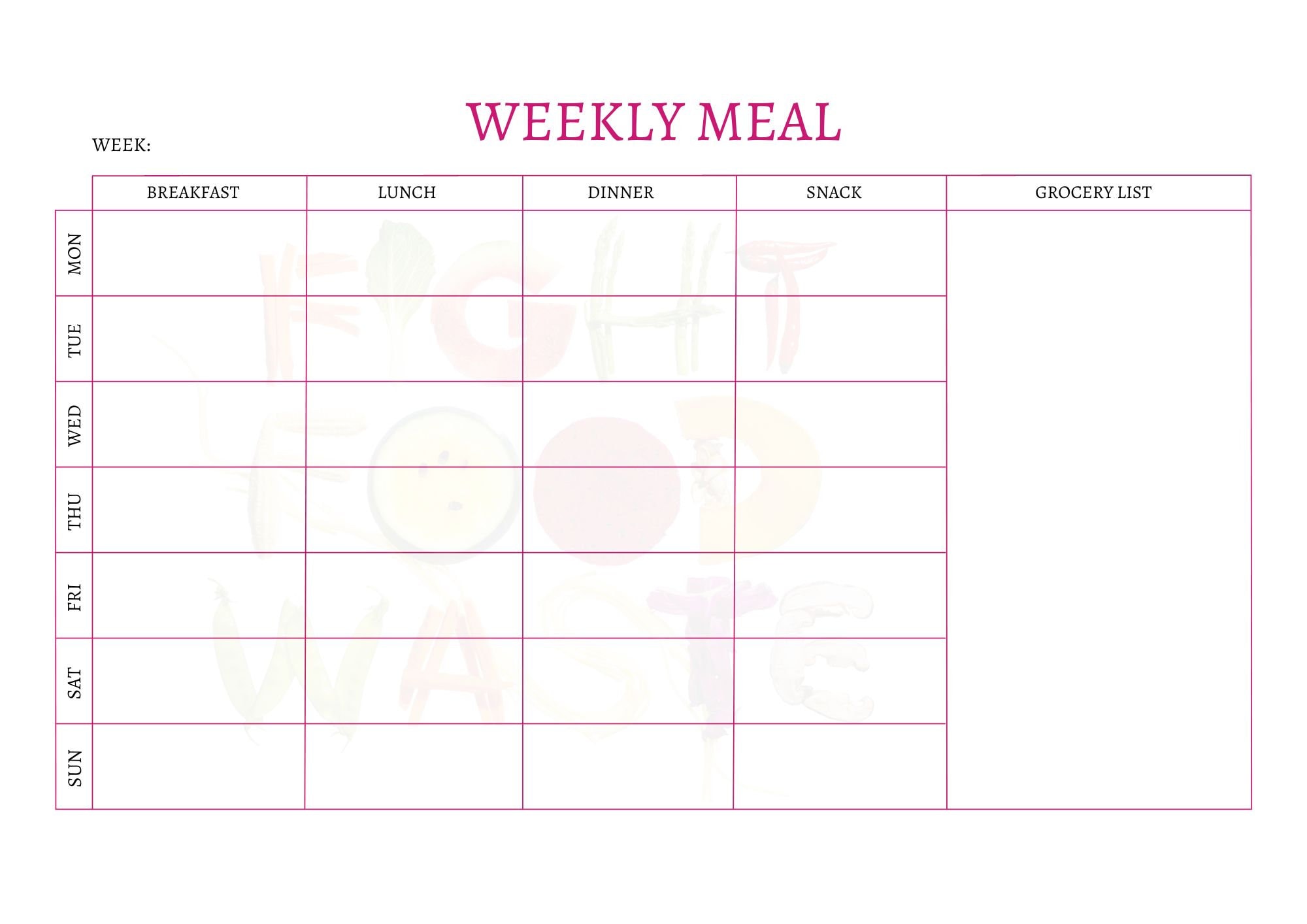 Printable Weekly Meal Planning Callendar, 7 Day Menu Planner, Meal Prep ...
