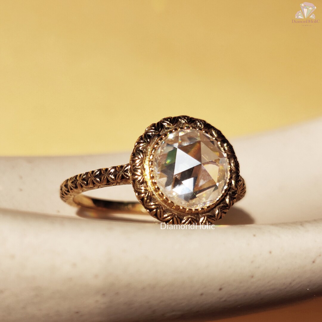 Art Deco Round Rose Cut Ring, 2.02 CT Rose Cut Colorless Moissanite ...
