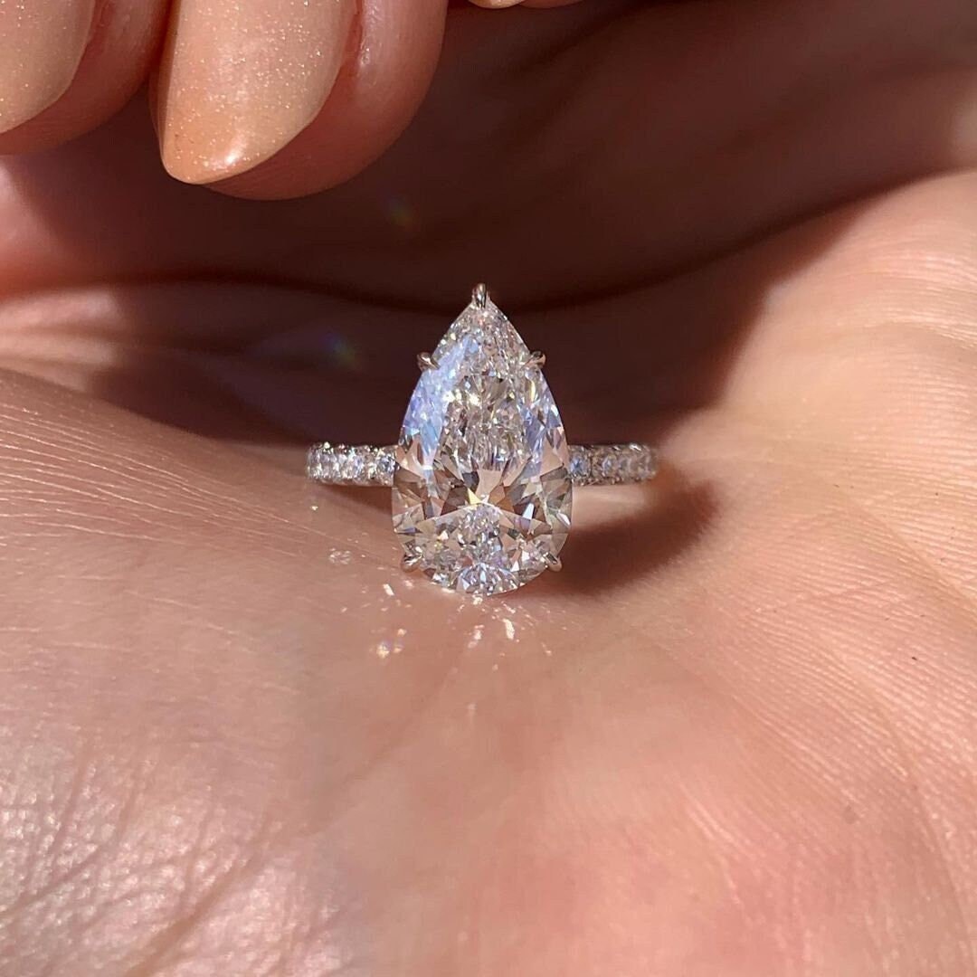 Pear Cut Lab Grown Diamond Engagement Ring, 14K Solid Gold Wedding Ring ...