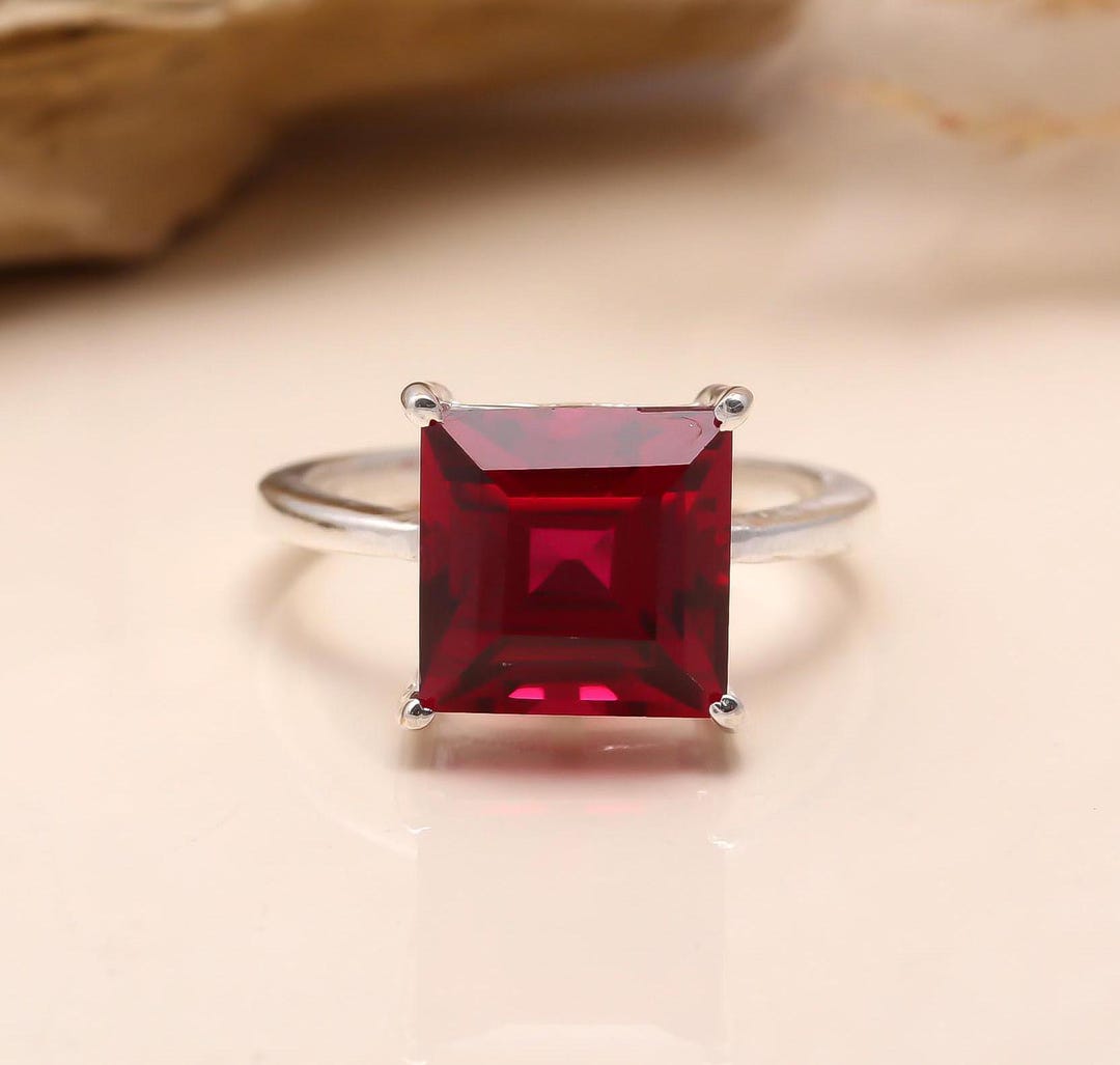 Mozambique Ruby Silver Ring: Princess Cut Gemstone, July Birthstone - Etsy
