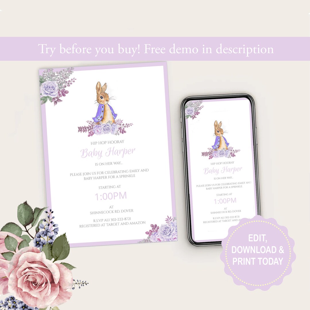 Editable Peter Rabbit Invitations, Printable Digital File JPEG Flopsy ...