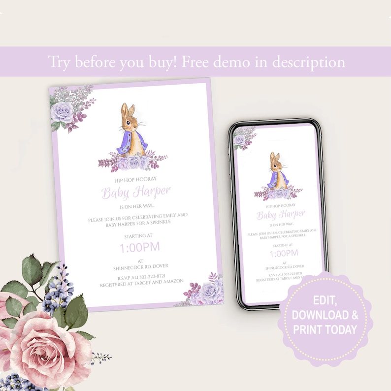 Editable Peter Rabbit Invitations, Printable Digital File JPEG Flopsy ...