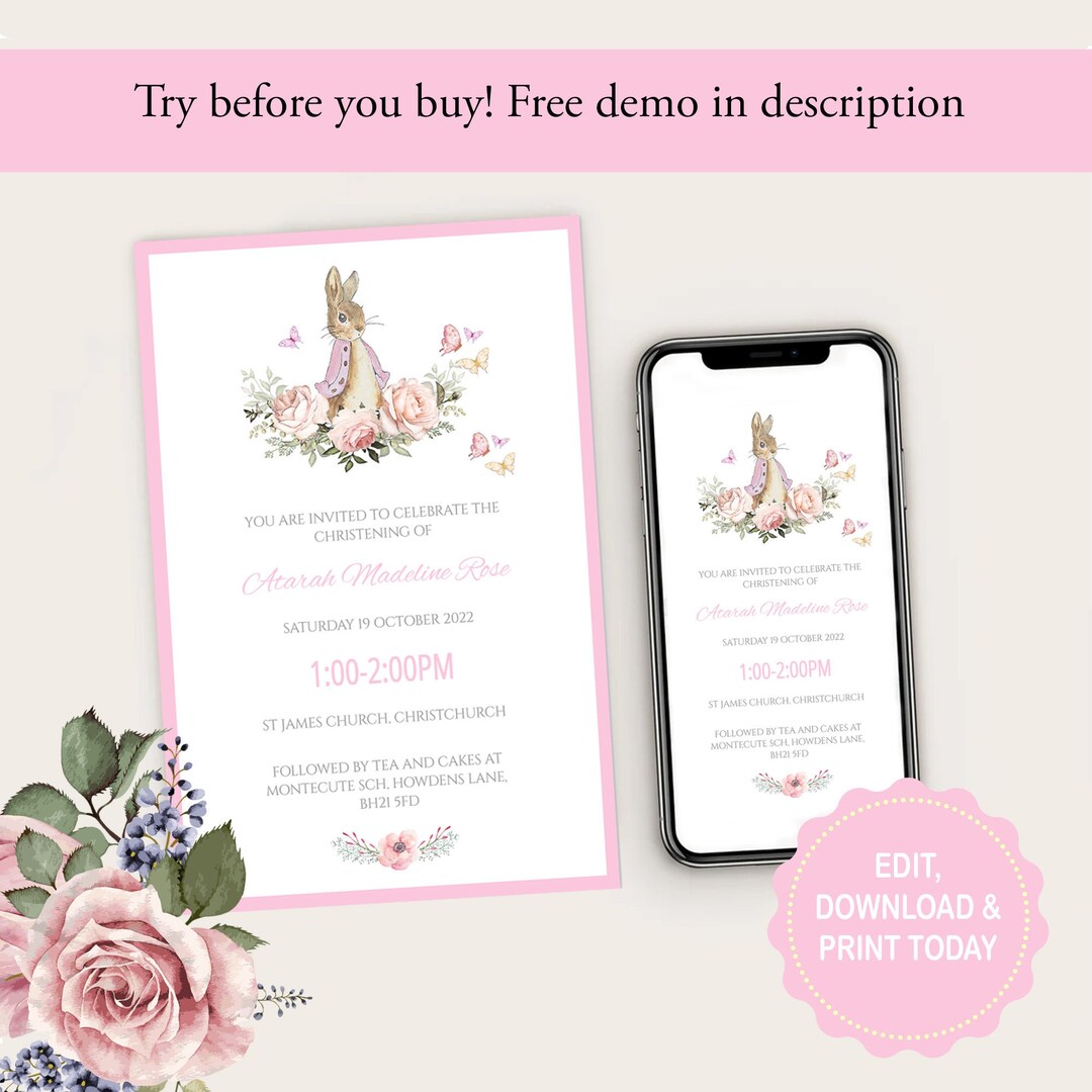 Editable Peter Rabbit Invitations, Printable Digital File JPEG Flopsy ...