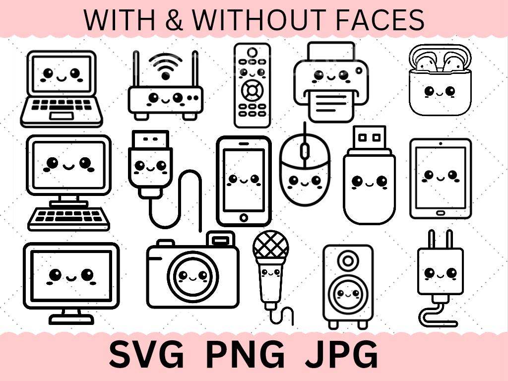 Tech SVG Bundle, Cute Electronics Clipart With Faces, Kawaii Tech ...