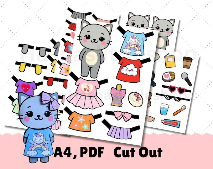 Cat Paper Doll INSTANT DOWNLOAD, Printable Kitty Cat Coloring Page, Cat ...